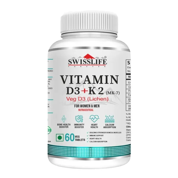 SWISSLIFE FOREVER Vitamin D3 + K2 (MK7) Plant Based D3 (Lichen) (60 ...