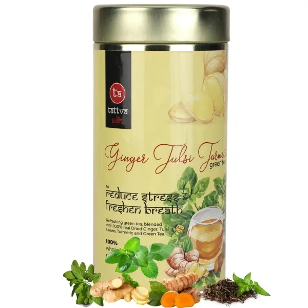 Tattva Adih Ginger Tulsi Turmeric Green Tea (100 grams (Air tight ...
